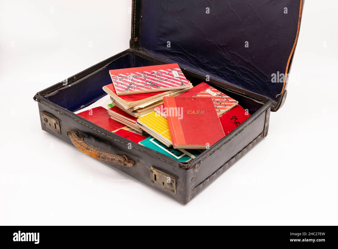 vintage leather document briefcase with old financial record books used ...