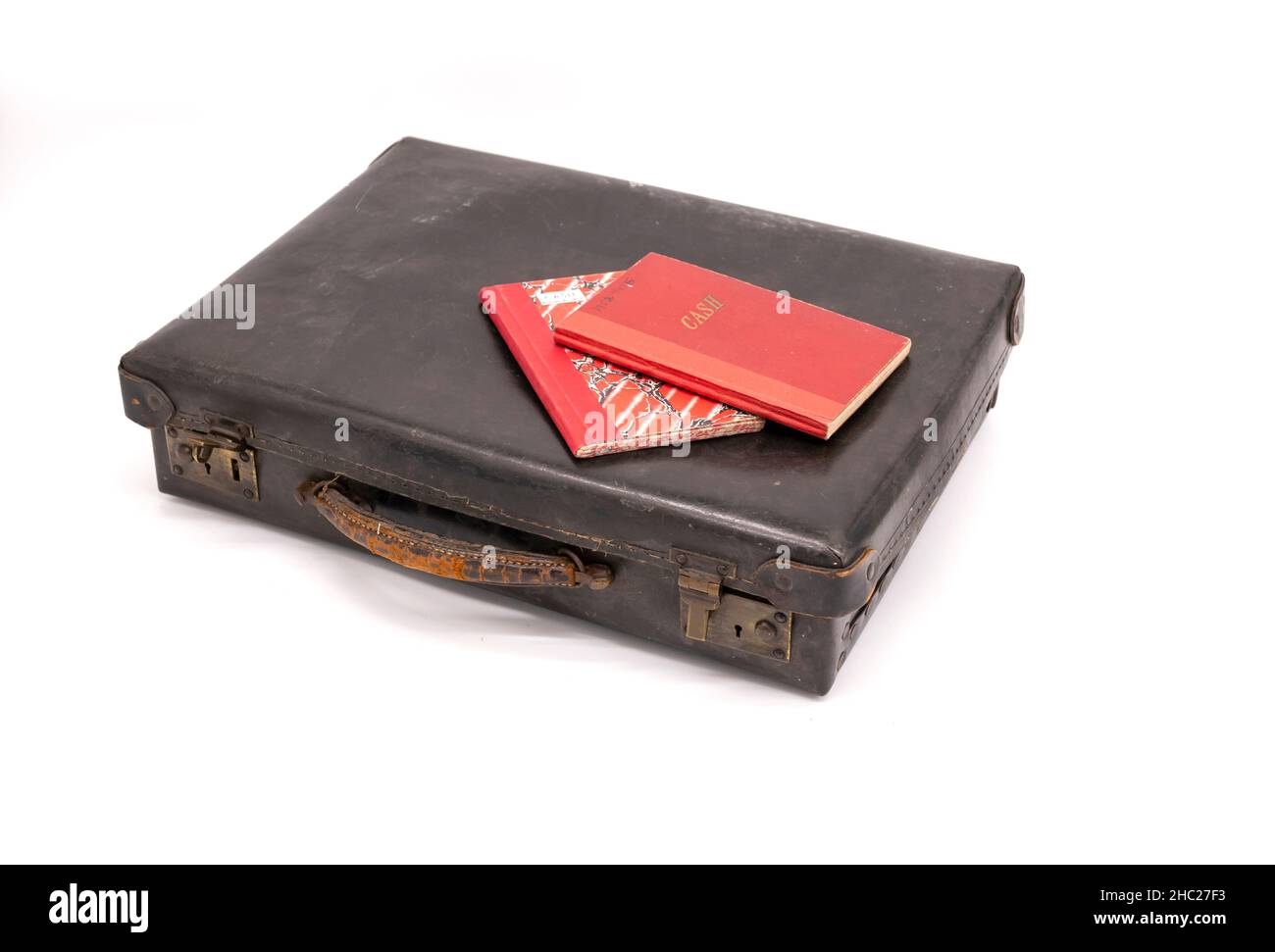 vintage leather document briefcase with old financial record books used ...