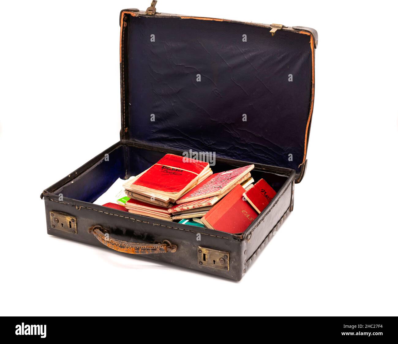 vintage leather document briefcase with old financial record books used ...