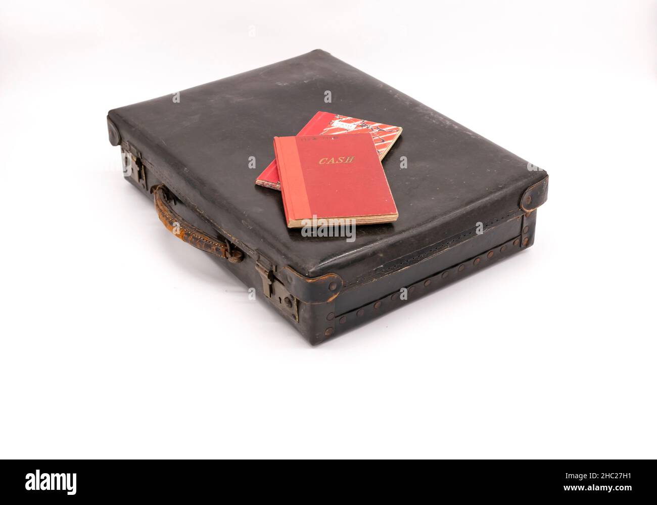 vintage leather document briefcase with old financial record books used ...