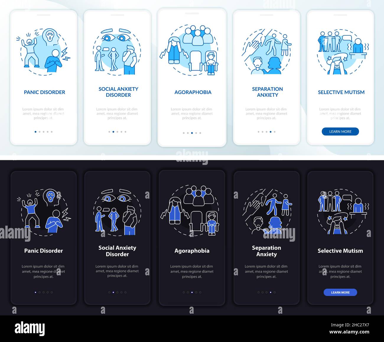 Types of anxiety night and day mode onboarding mobile app screen Stock Vector Image & Art - Alamy
