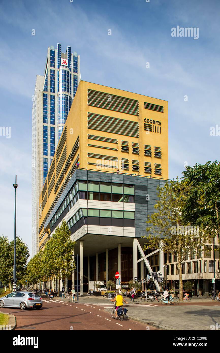 View on the Codarts building and the Millennium tower, Rotterdam, the ...