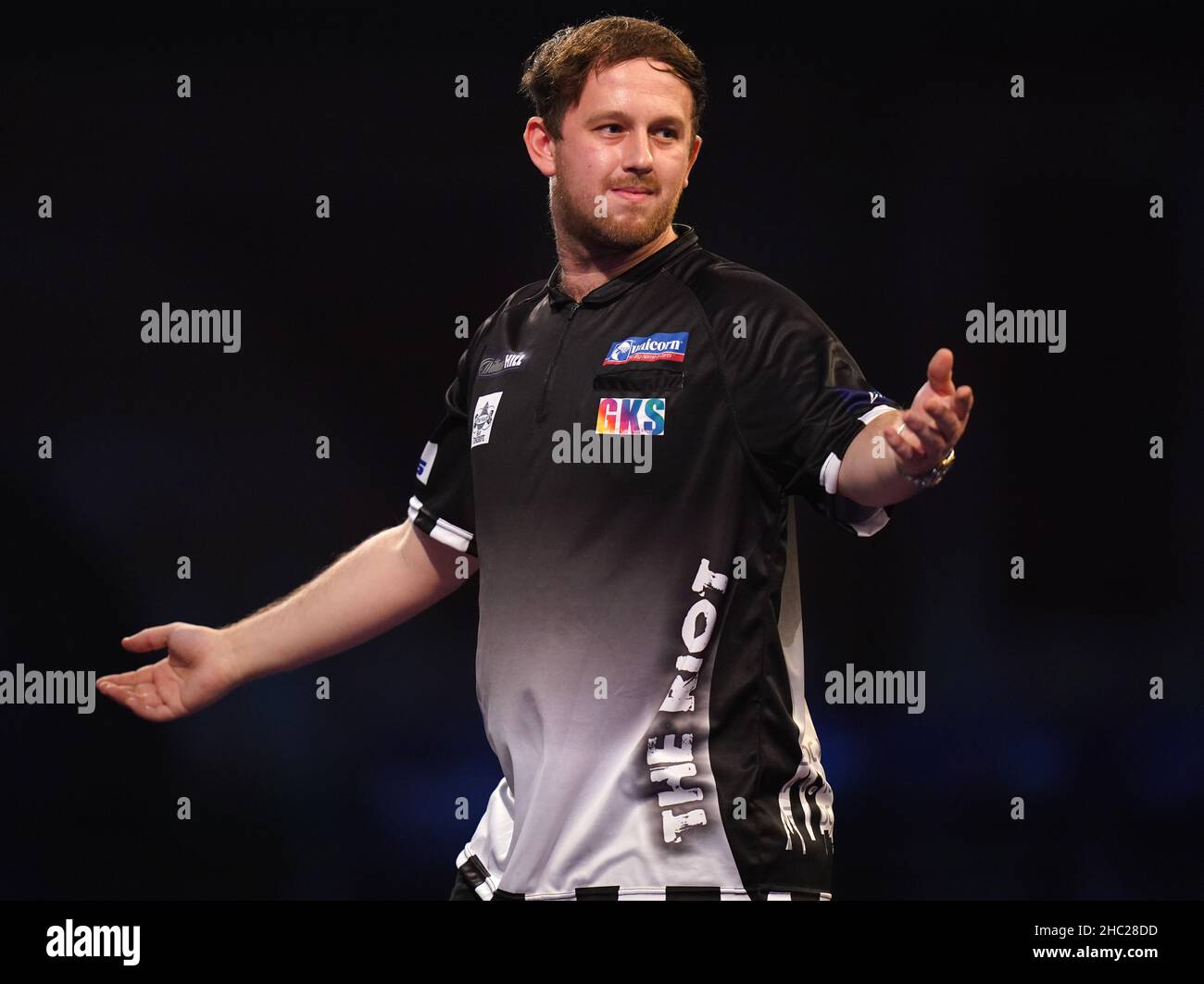Callan Rydz reacts during day nine of the William Hill World Darts ...