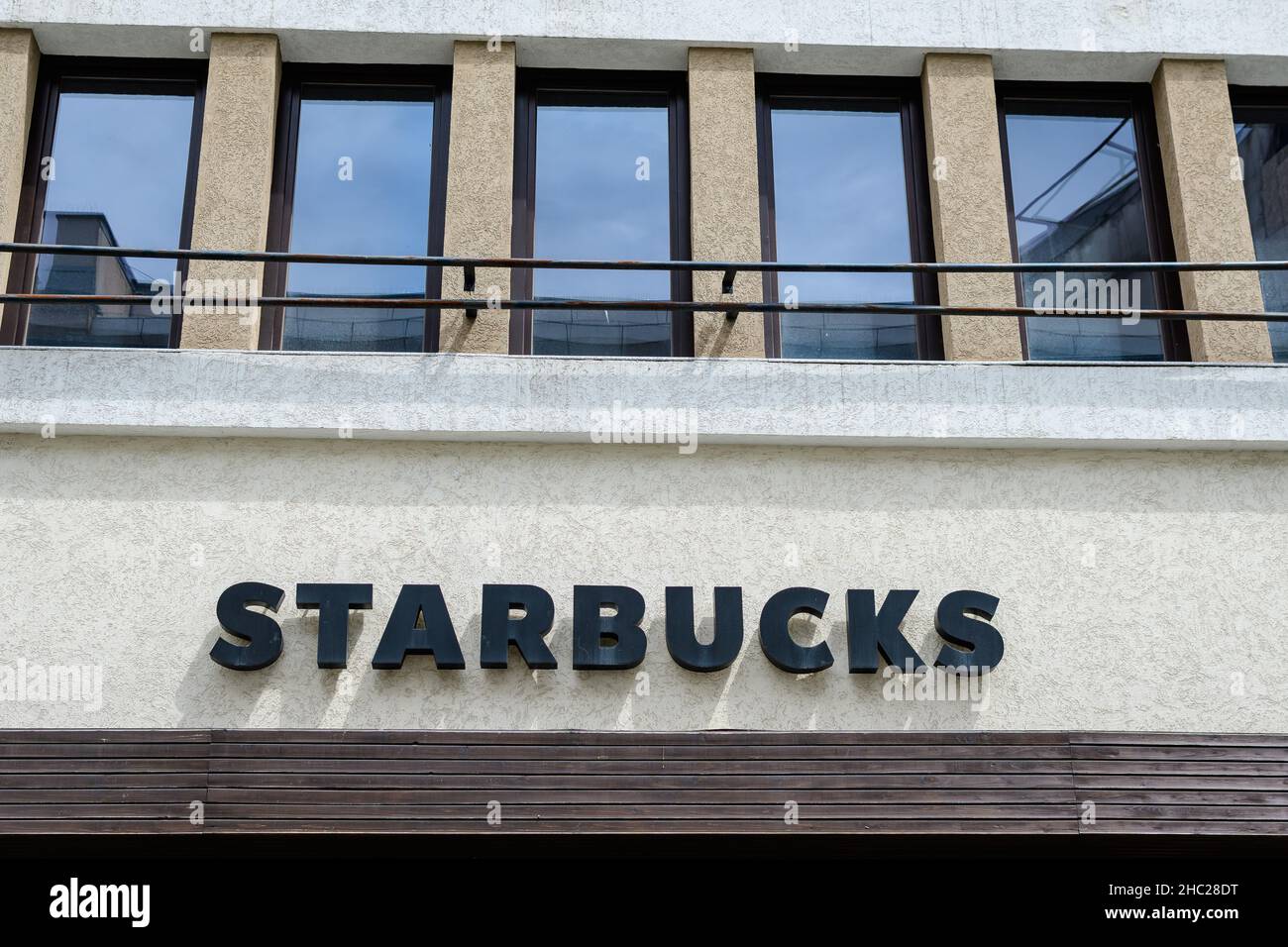 Bucharest, Romania - June 6, 2020: Entry sign with logo for Starbucks ...