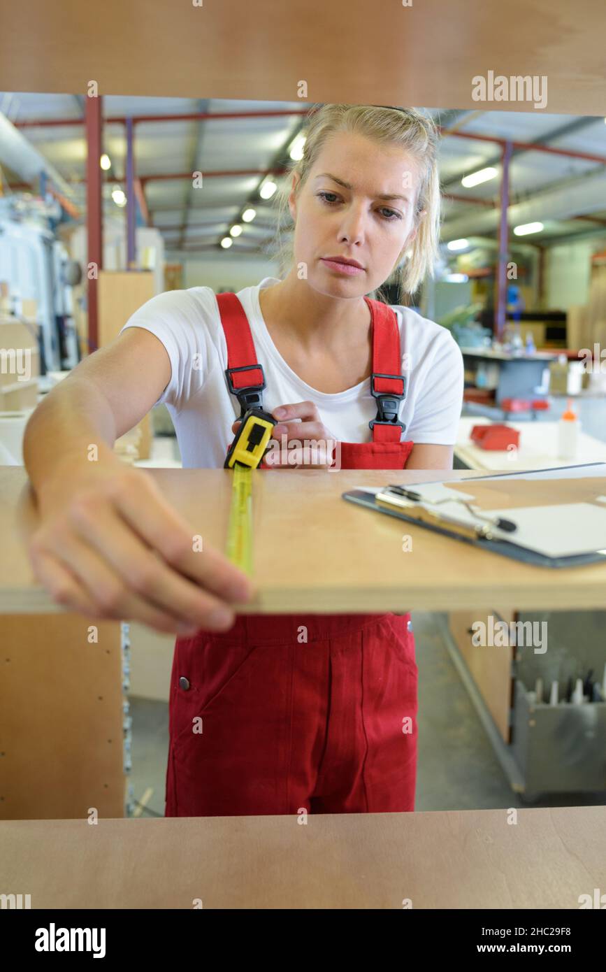 female carpenter measuring furniture shelf Stock Photo - Alamy