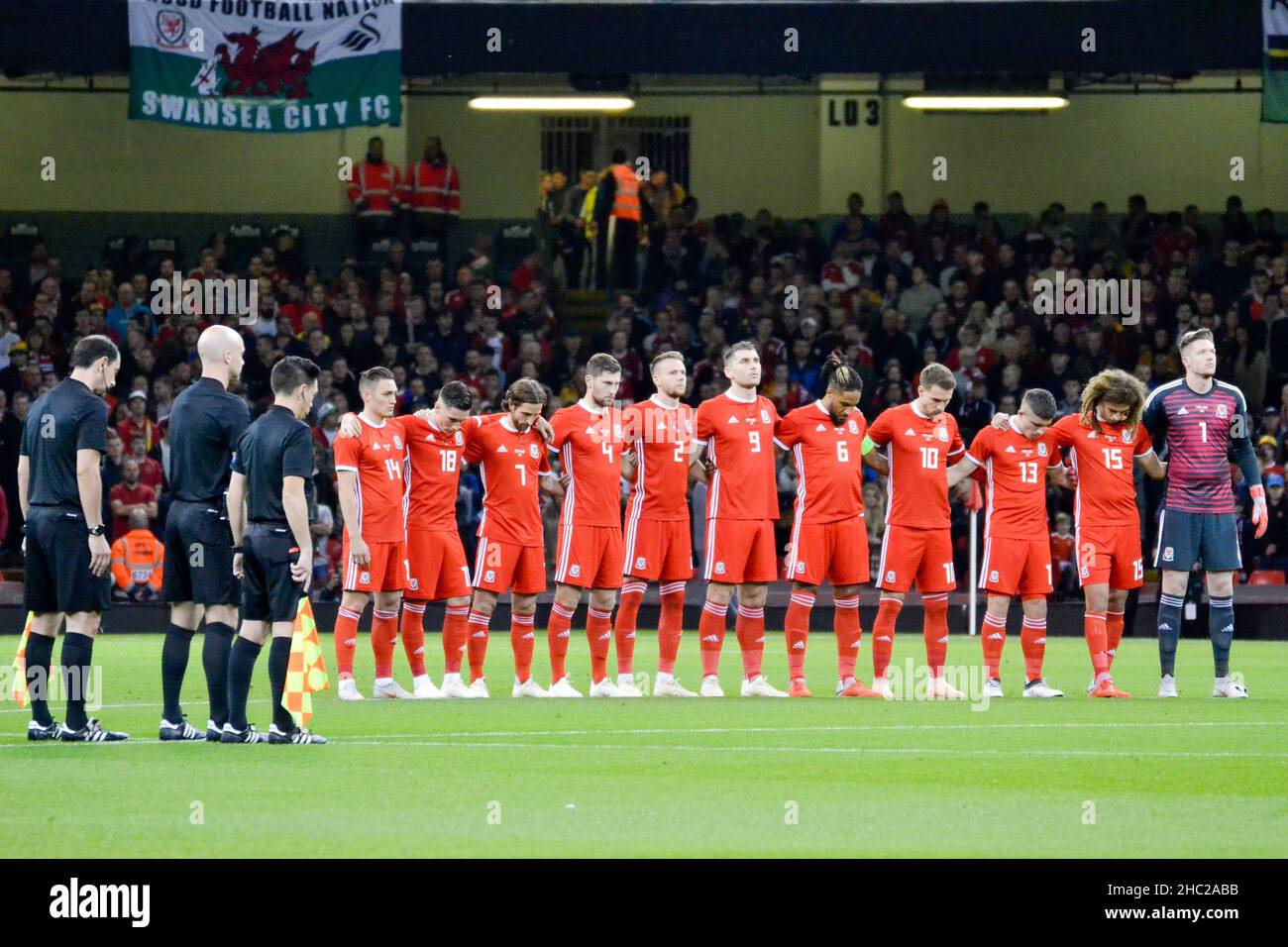 Cardiff, Wales. 11 October, 2018. The Wales team line up for the ...
