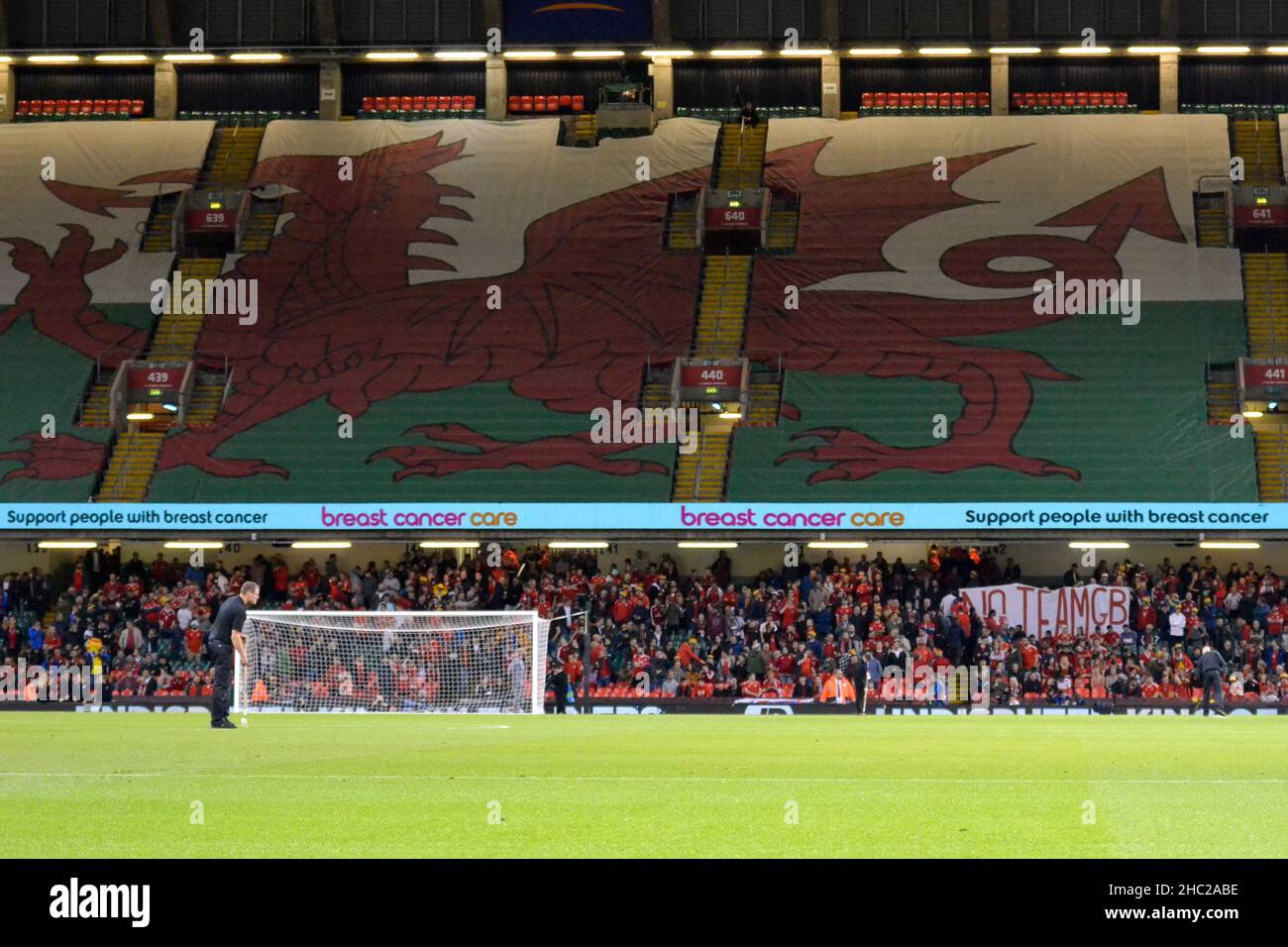 Cardiff, Wales. 11 October, 2018. A giant Welsh flag covers the seats ...
