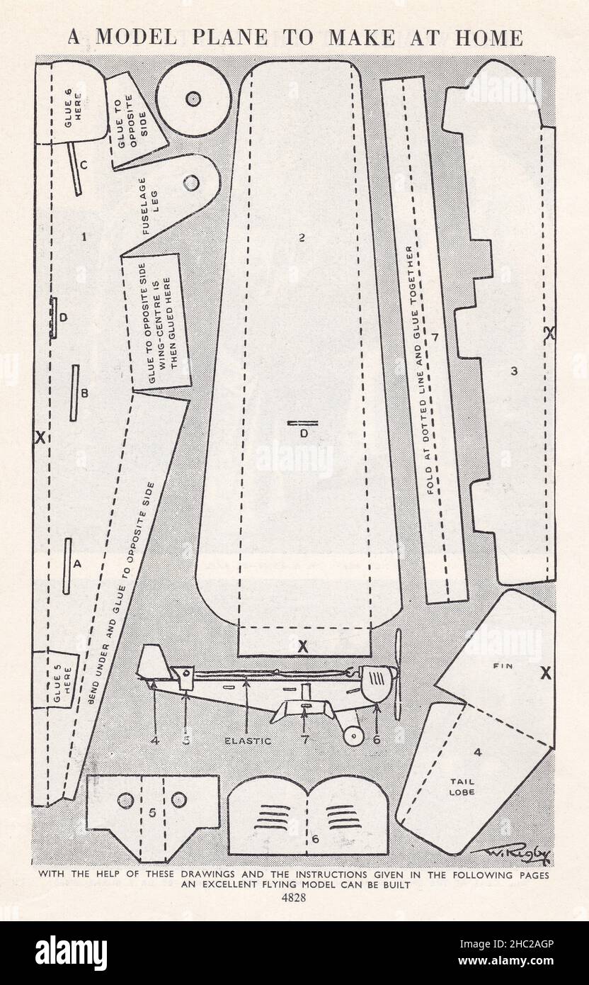 Vintage drawing / instructions of how to make a model plane at home ...
