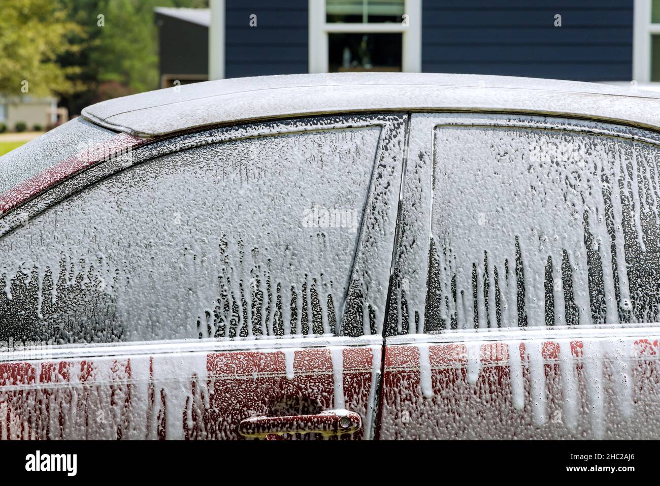 During cleaning in a car wash with foam wash on water jet spraying ...