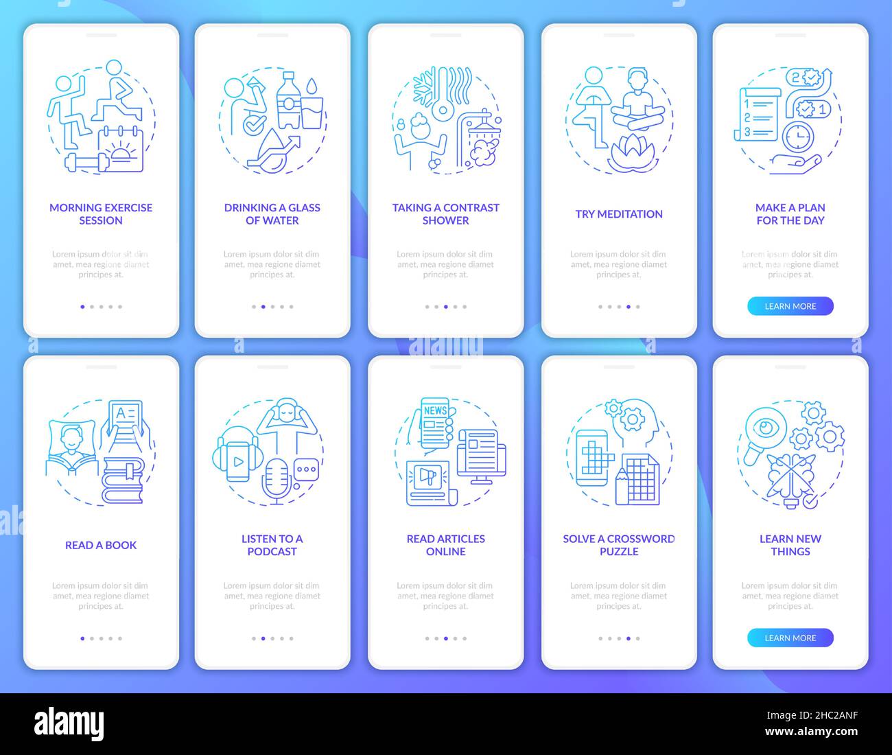 Morning routine blue gradient onboarding mobile app screen set Stock ...