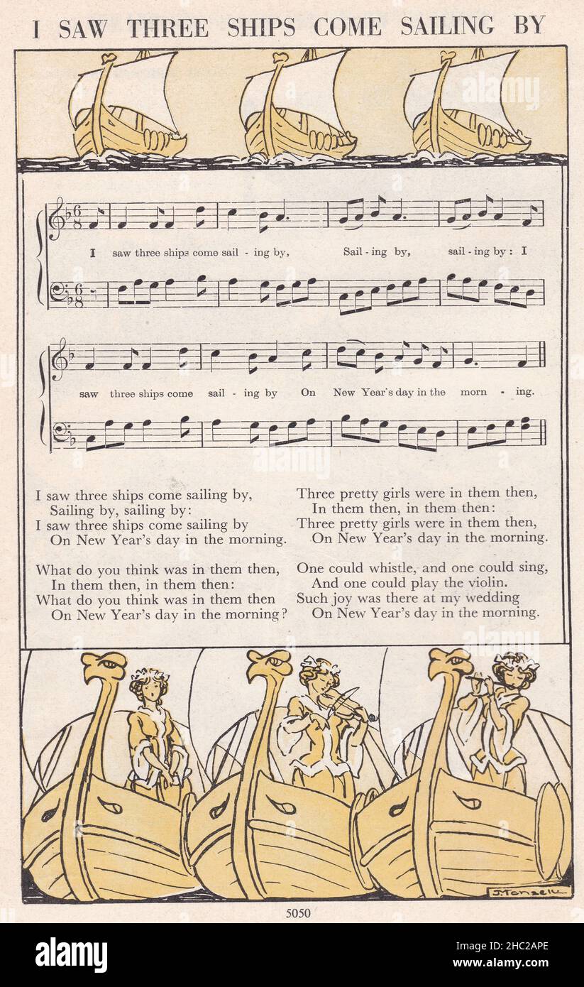 Vintage illustration / nursery rhyme - 'I saw three ships come sailing ...