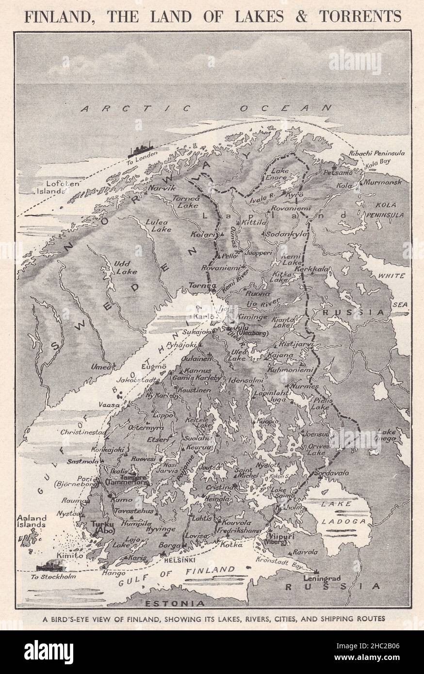 Vintage bird's eye view map of Finland, showing its lakes, rivers ...