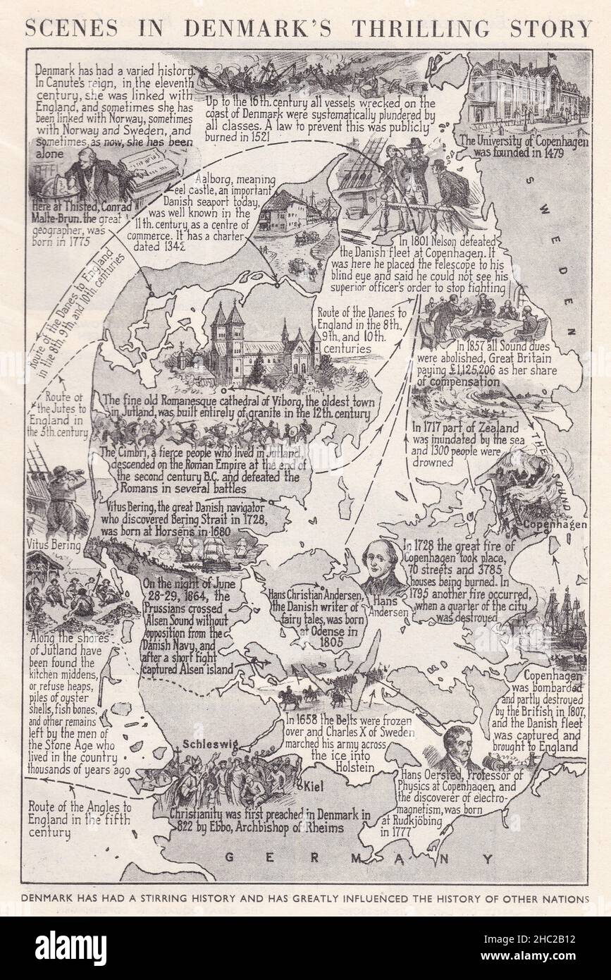 Vintage picture map of Denmark's history 1930s Stock Photo - Alamy