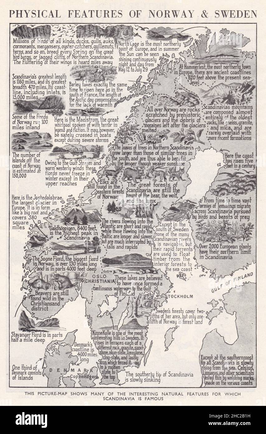Vintage picture map of physical features of Norway and Sweden 1930s ...