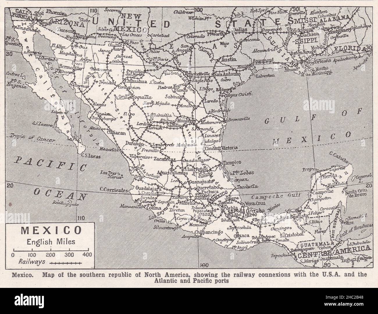 Vintage map of Mexico, southern republic of North America, showing the ...