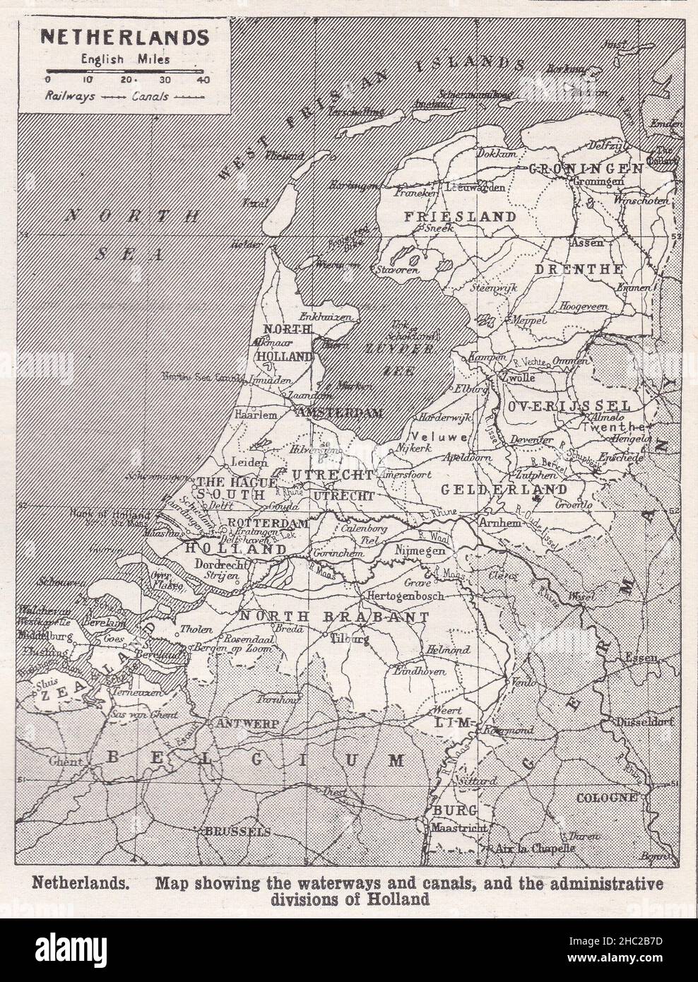 Vintage map of Netherlands showing waterways and canals 1930s Stock ...