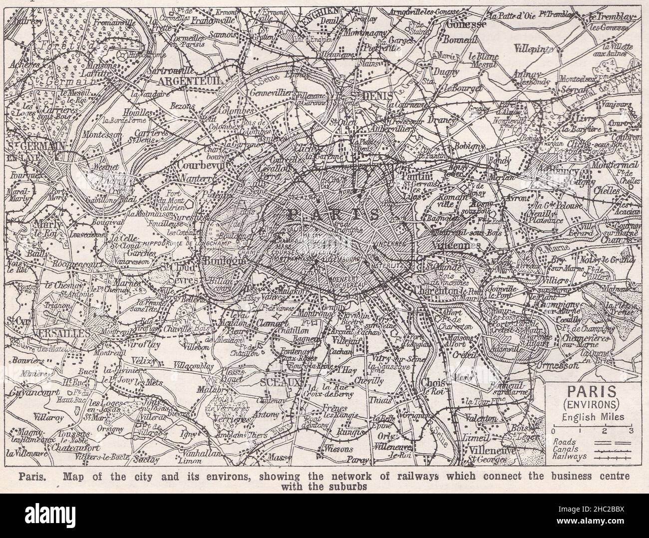 Vintage map of Paris showing the city and it environs, the network of ...
