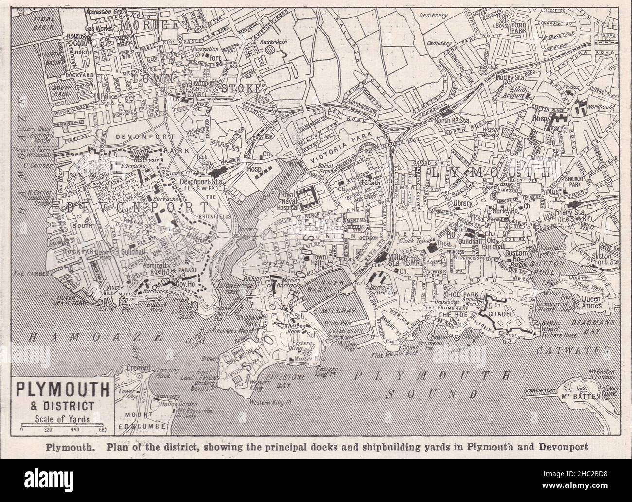 Vintage map of Plymouth - Plan of the district showing the principal ...