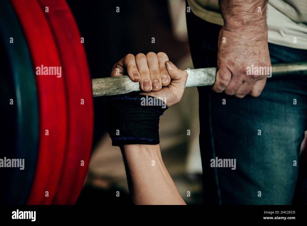 close-up athlete and barbell exercise bench press Stock Photo - Alamy