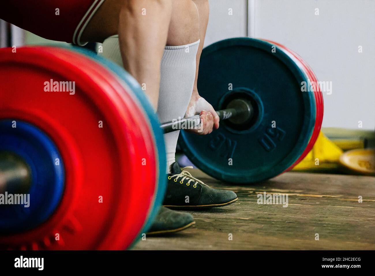 close-up athlete and barbell 270 kg exercise deadlift Stock Photo - Alamy