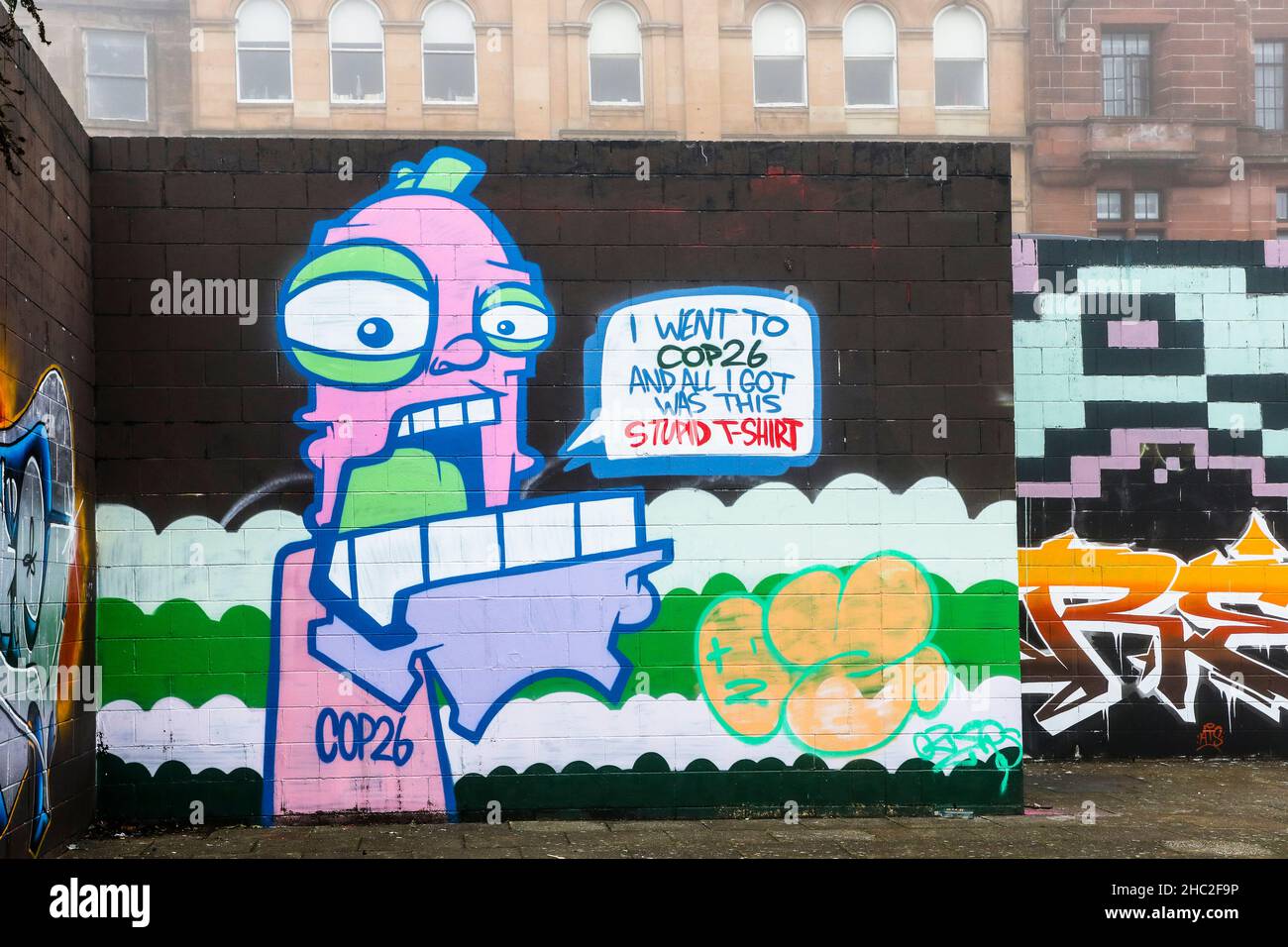 Graffiti about COP 26 painted on a wall in Glasgow city centre, Glasgow ...