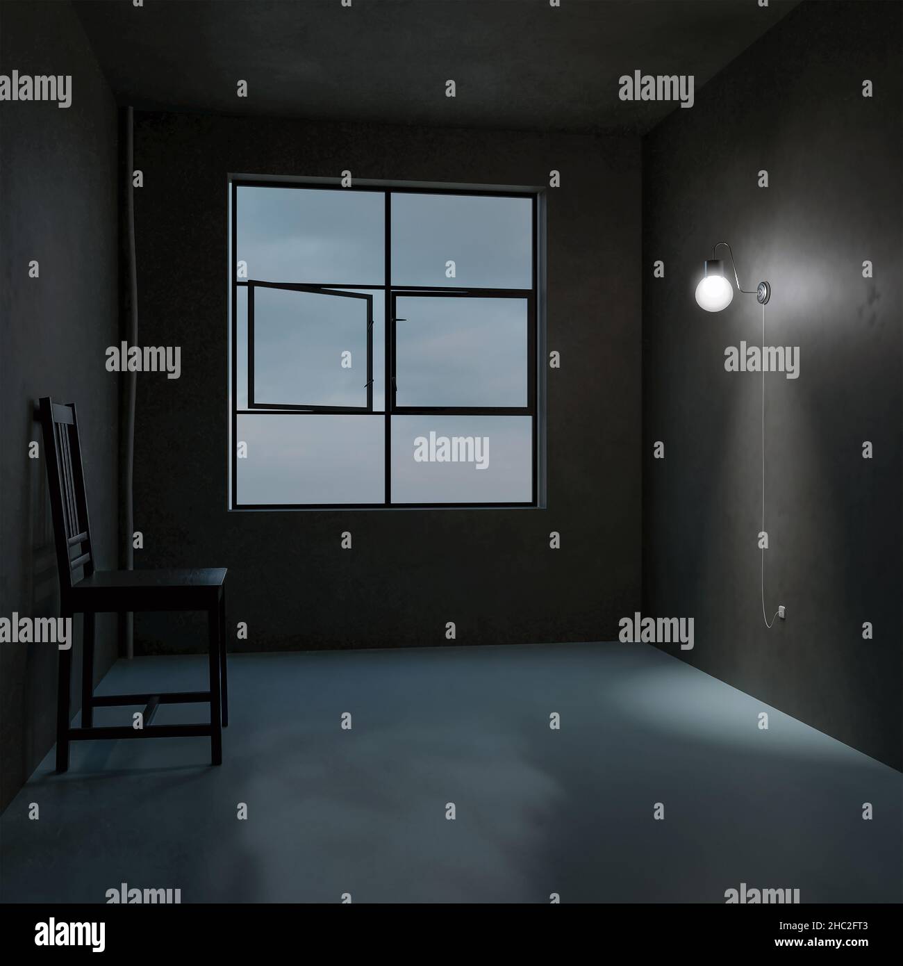 Empty dark room or office with wood chair and open window. Tiny room ...