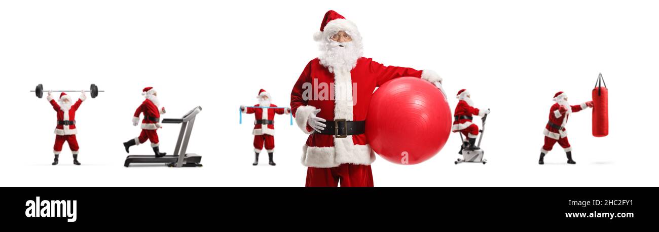 Santa claus holding an exercise ball in front of other santa clauses ...