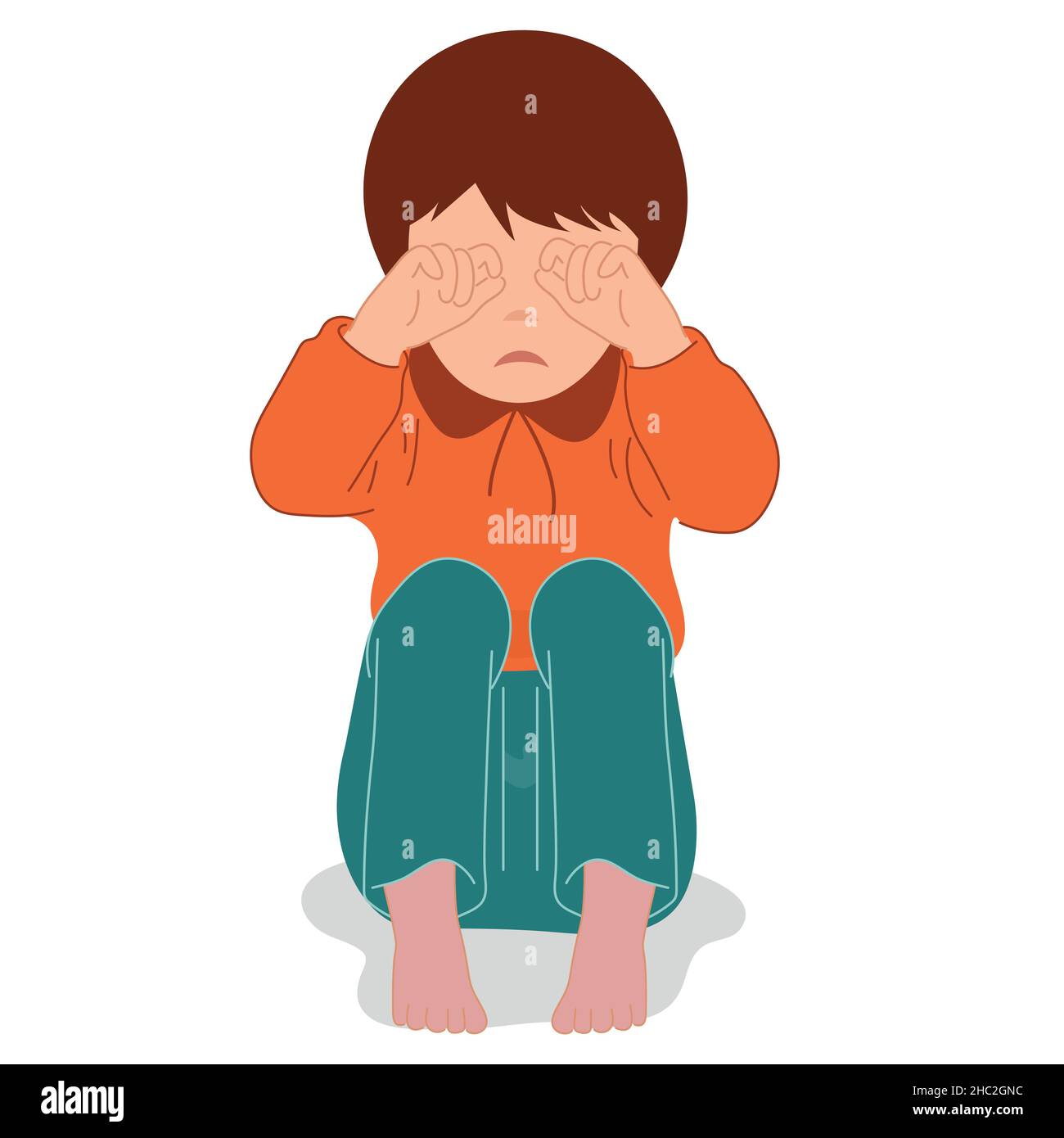 Kid crying, covering his eyes with his hands. Scared, depressed, sad ...
