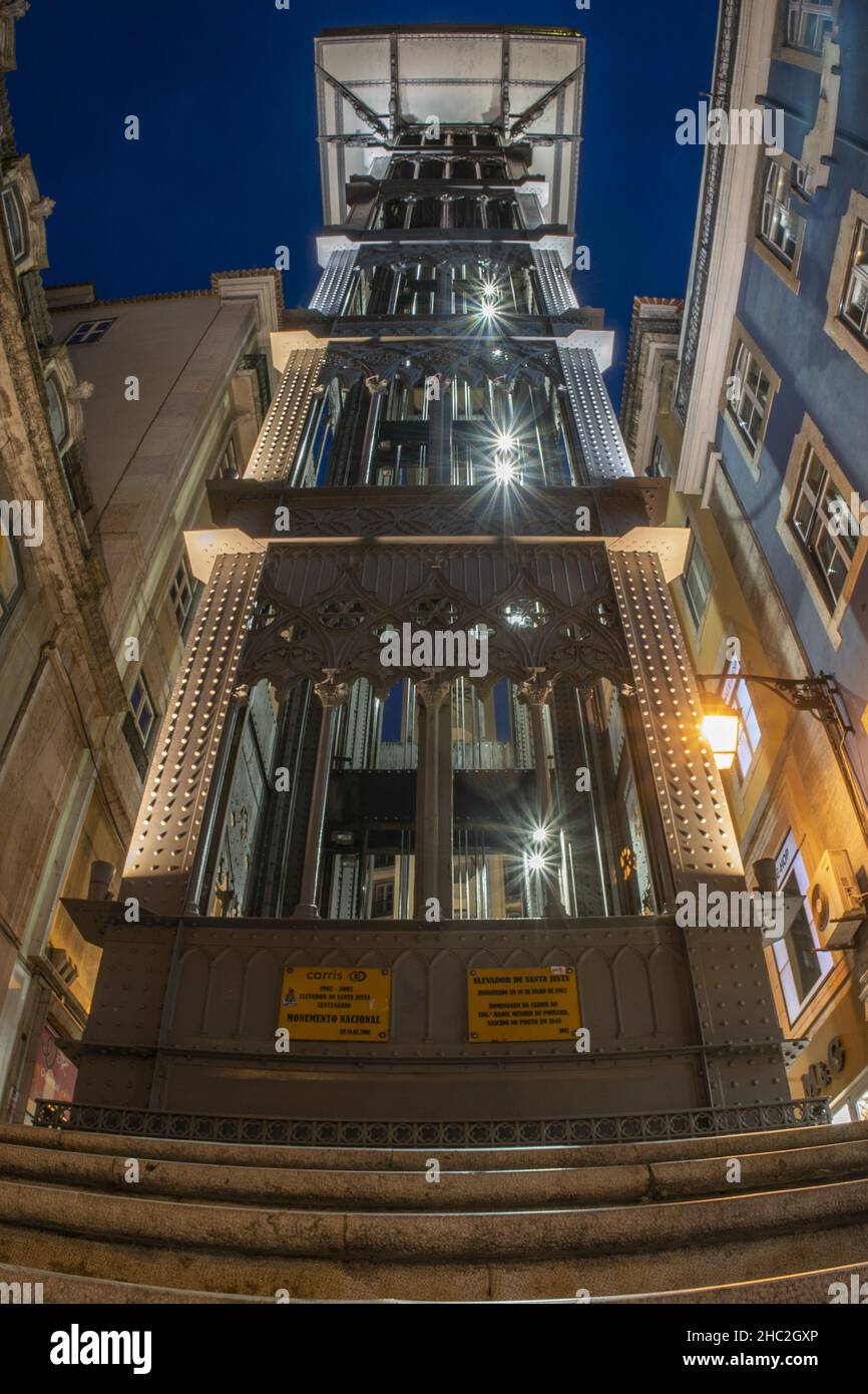 Lisbon Iron Elevator Santa Justa historic building at night Stock Photo ...