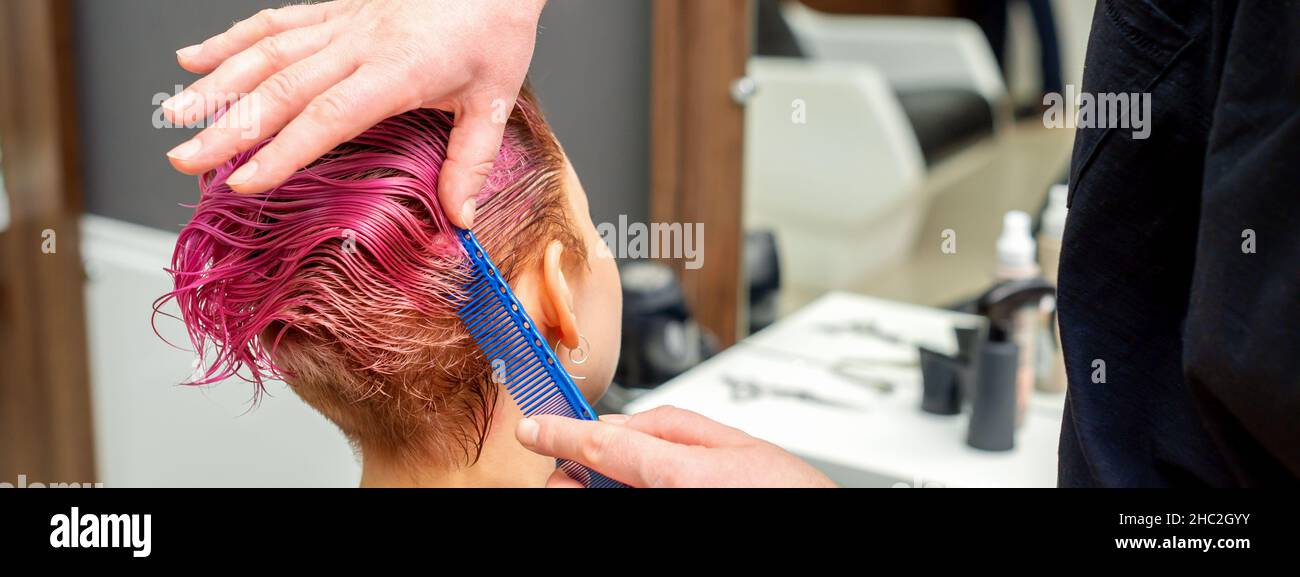 Hands of hairdresser combing hair making short pink hairstyle for a ...
