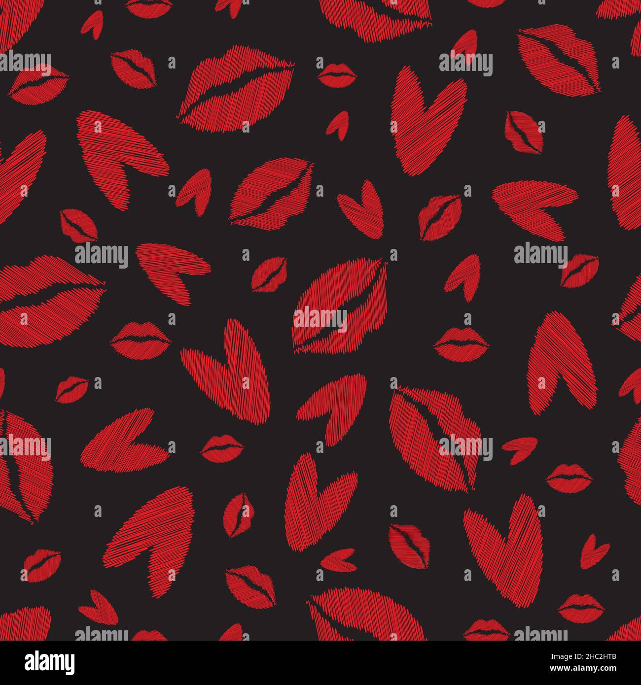 Vector scribbled lips and hearts seamless pattern background. Red black ...