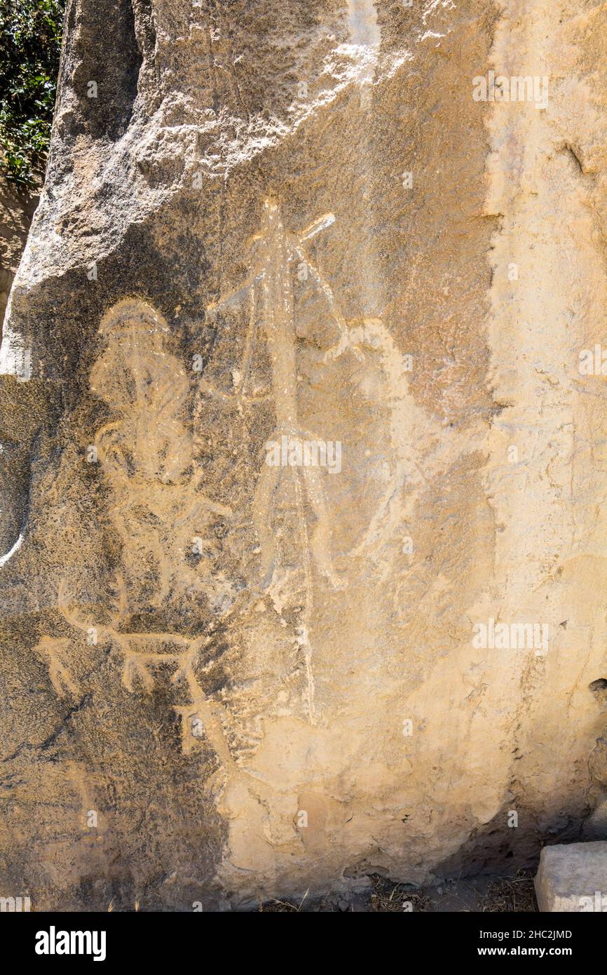 Ancient rock carvings in Gobustan petroglyph reserve, Azerbaijan Stock ...