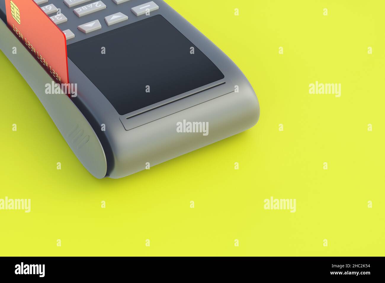 Portable cash register with plastic credit card on yellow background ...