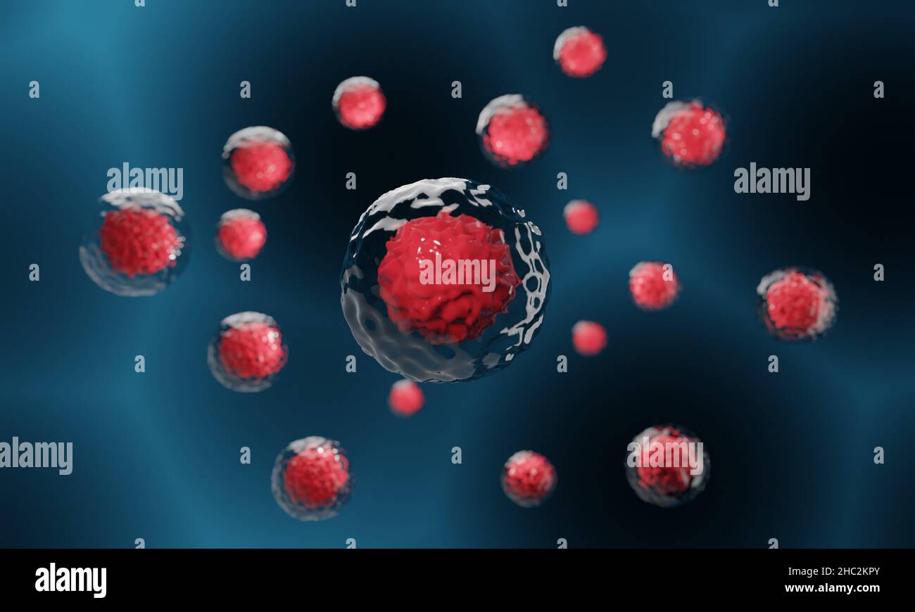 Red Stem cells with blue background 3D render Stock Photo - Alamy