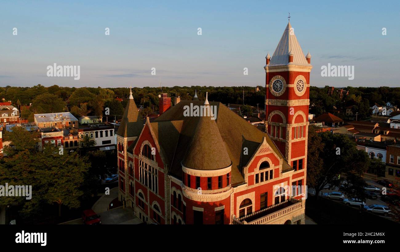 Aerial view at sunset of Historic 1844 Courthouse with clock tower in ...