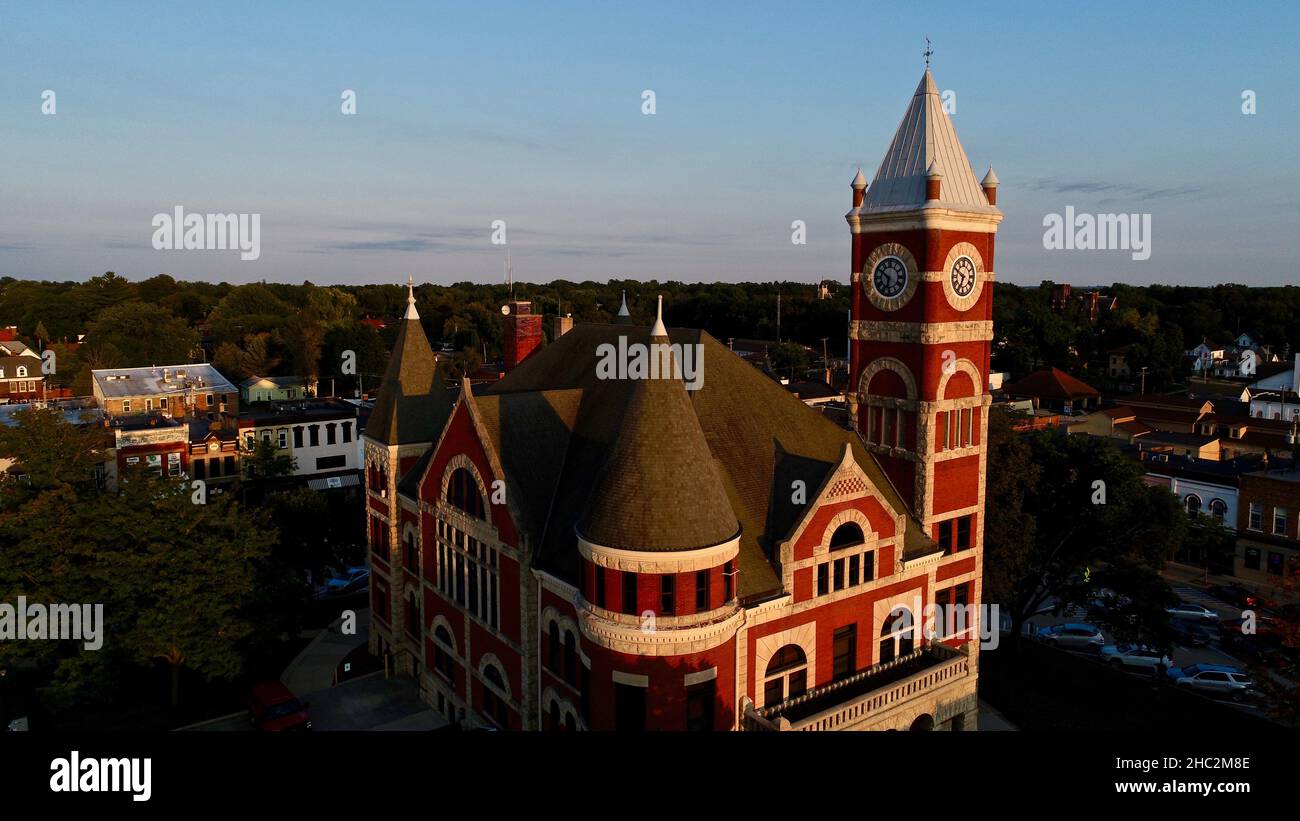 Aerial view at sunset of Historic 1844 Courthouse with clock tower in ...