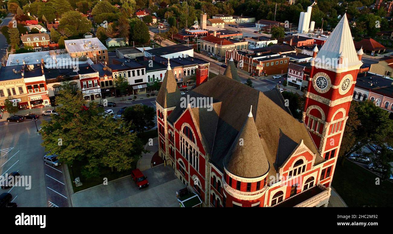 Aerial view at sunset of Historic 1844 Courthouse with clock tower in ...