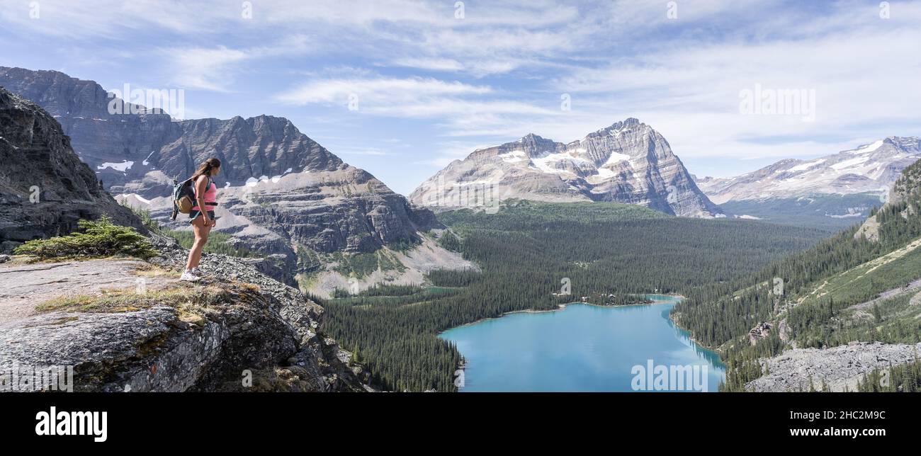 Female hiker enjoying the view on beautiful alpine valley with glacier ...
