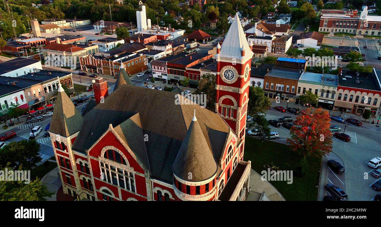 Aerial view at sunset of Historic 1844 Courthouse with clock tower in ...