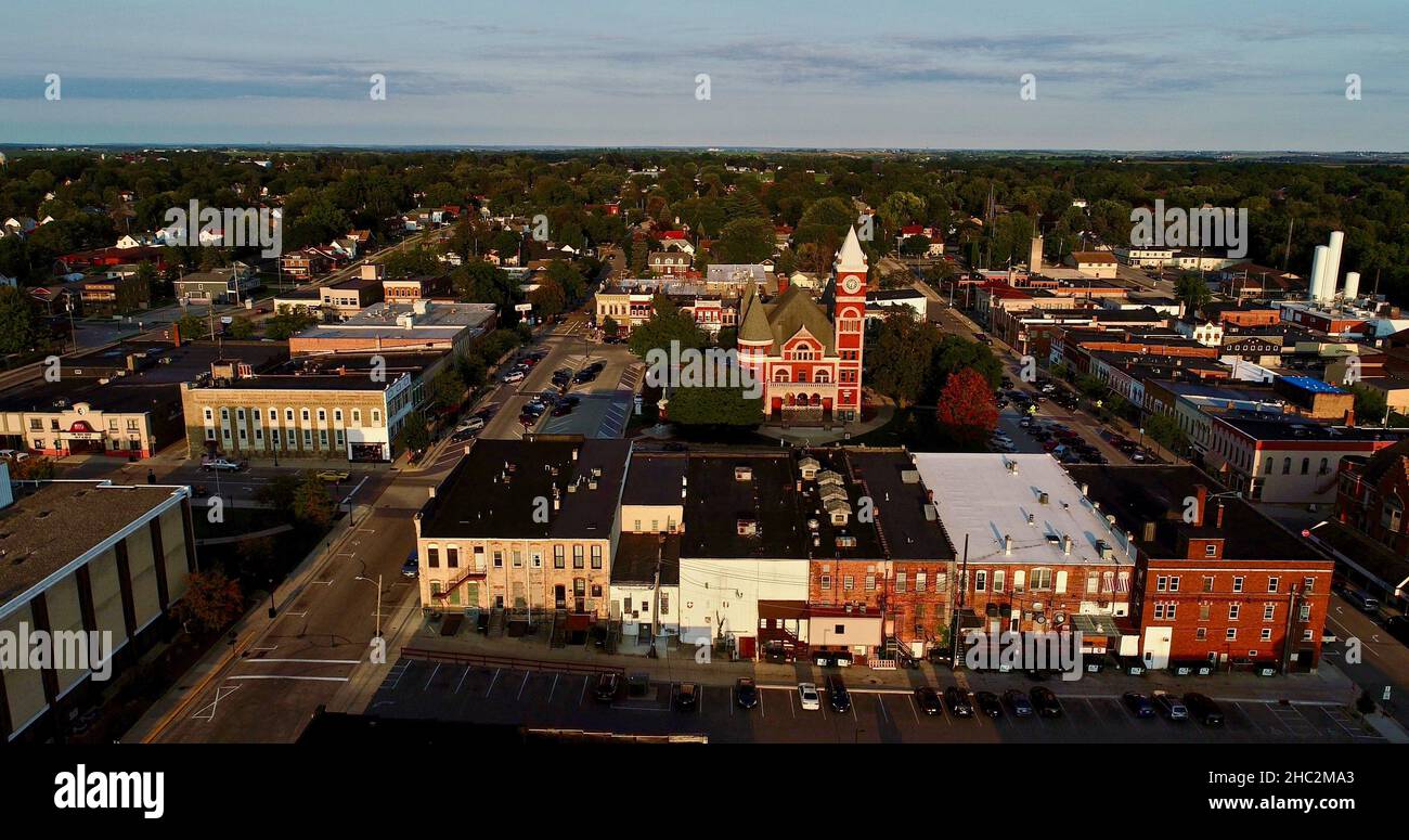 Aerial view at sunset of Historic 1844 Courthouse with clock tower in ...