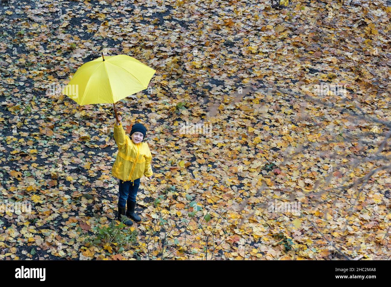 Child raised the umbrella over his head. Portrait of child in the ...
