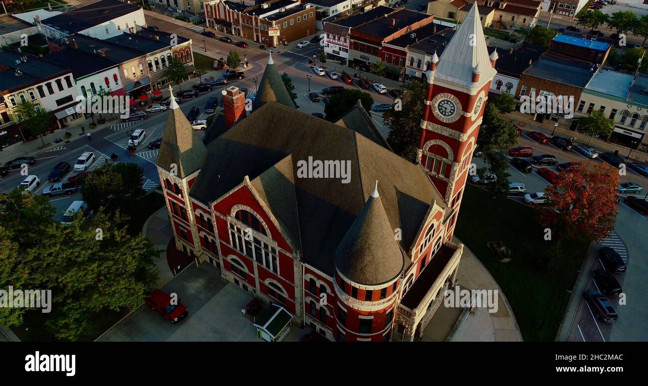 Aerial view at sunset of Historic 1844 Courthouse with clock tower in ...
