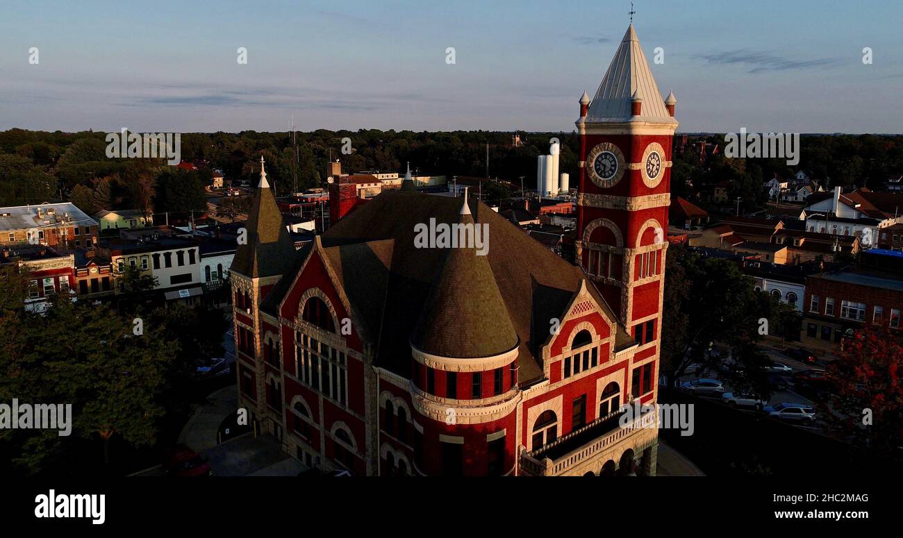 Aerial view at sunset of Historic 1844 Courthouse with clock tower in ...