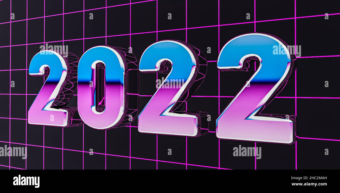 2022 text future colored pink and blue black background 3d render ...