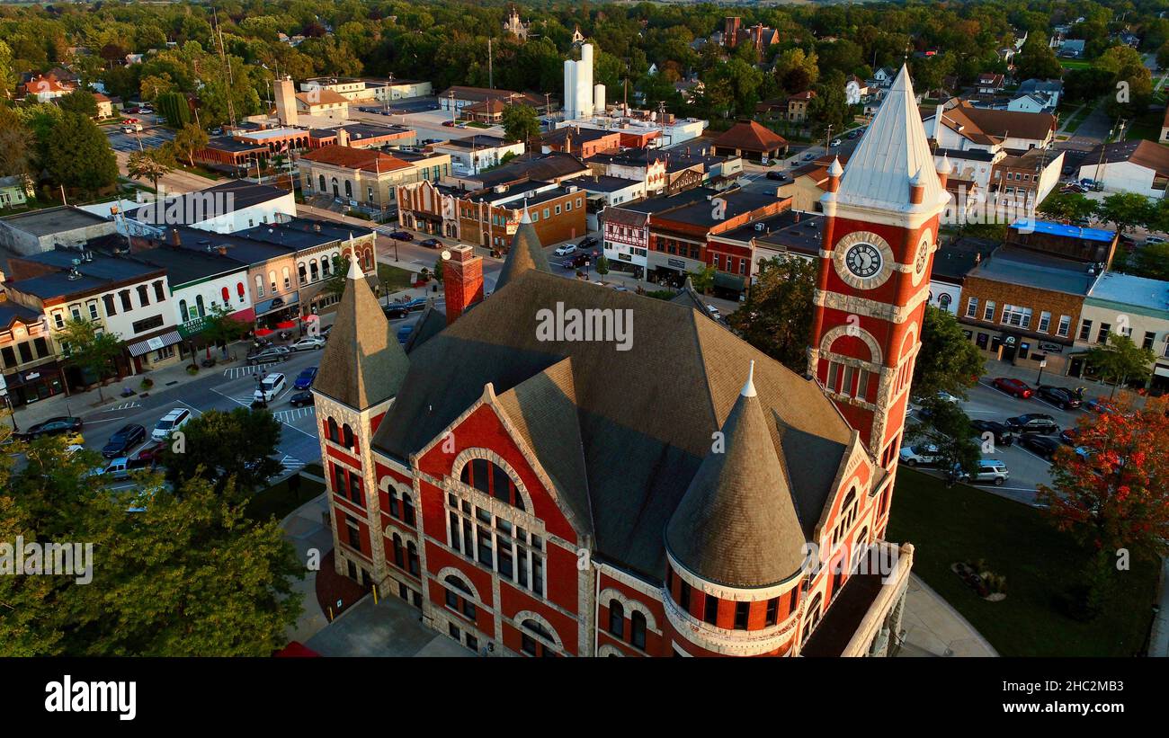Aerial view at sunset of Historic 1844 Courthouse with clock tower in ...