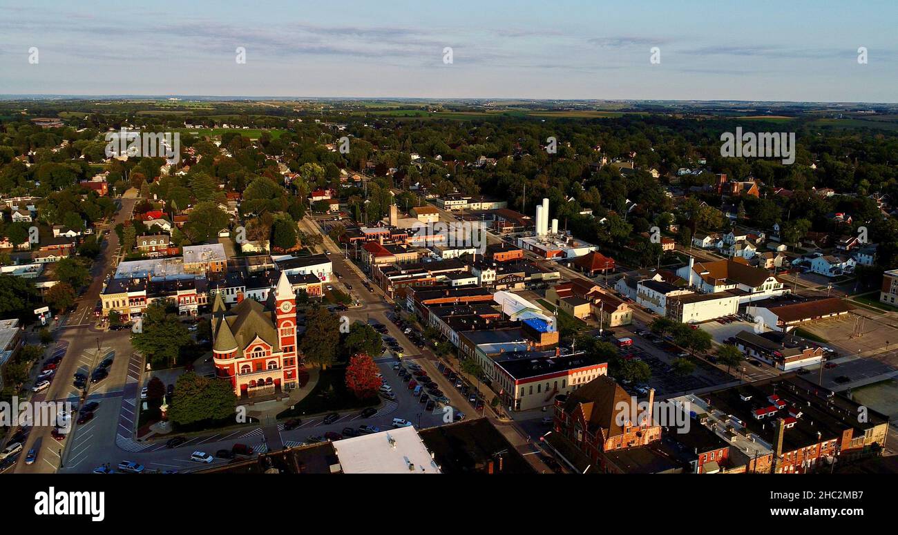 Aerial view at sunset of Historic 1844 Courthouse with clock tower in ...