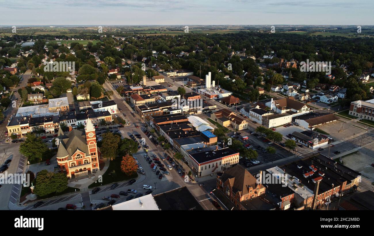Aerial view at sunset of Historic 1844 Courthouse with clock tower in ...