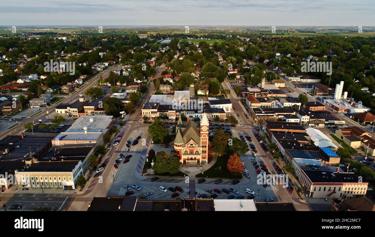 Aerial view at sunset of Historic 1844 Courthouse with clock tower in ...