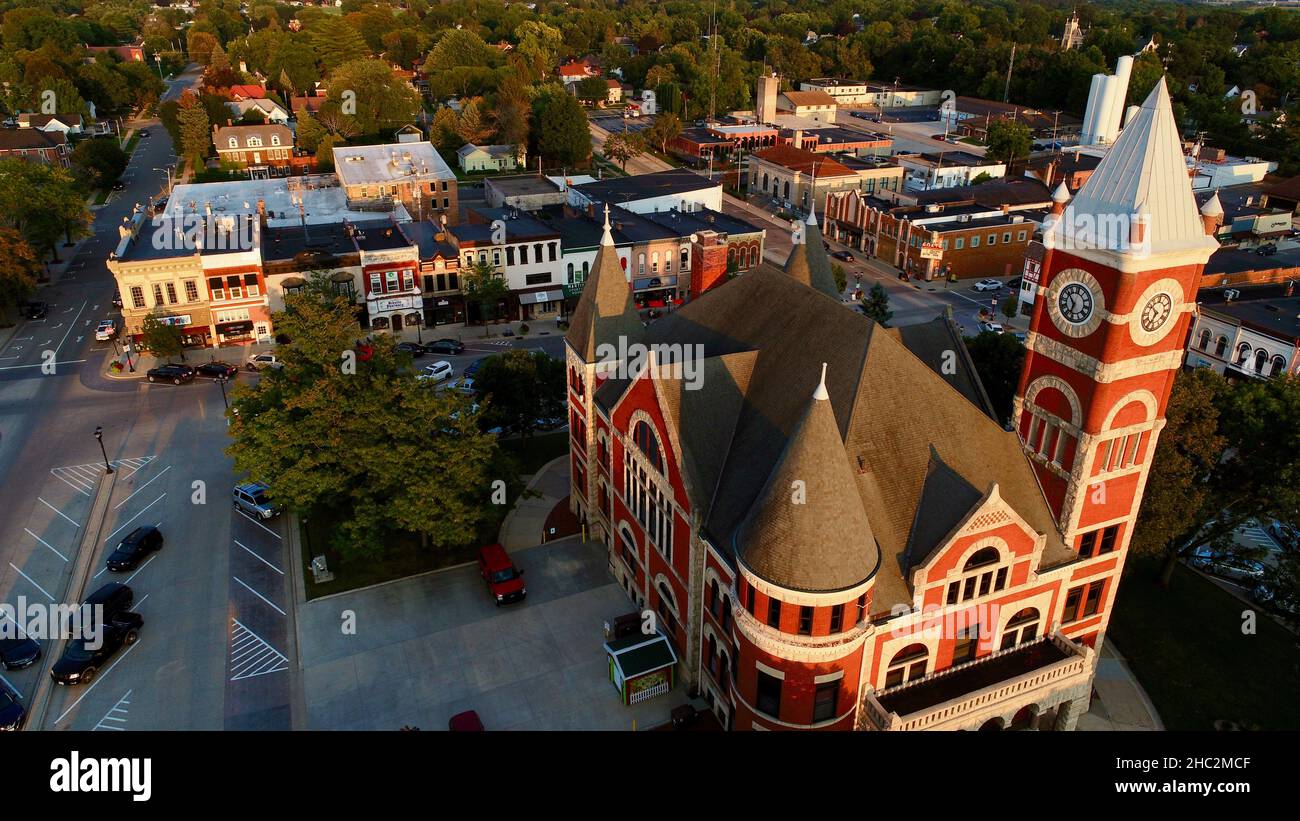 Aerial view at sunset of Historic 1844 Courthouse with clock tower in ...