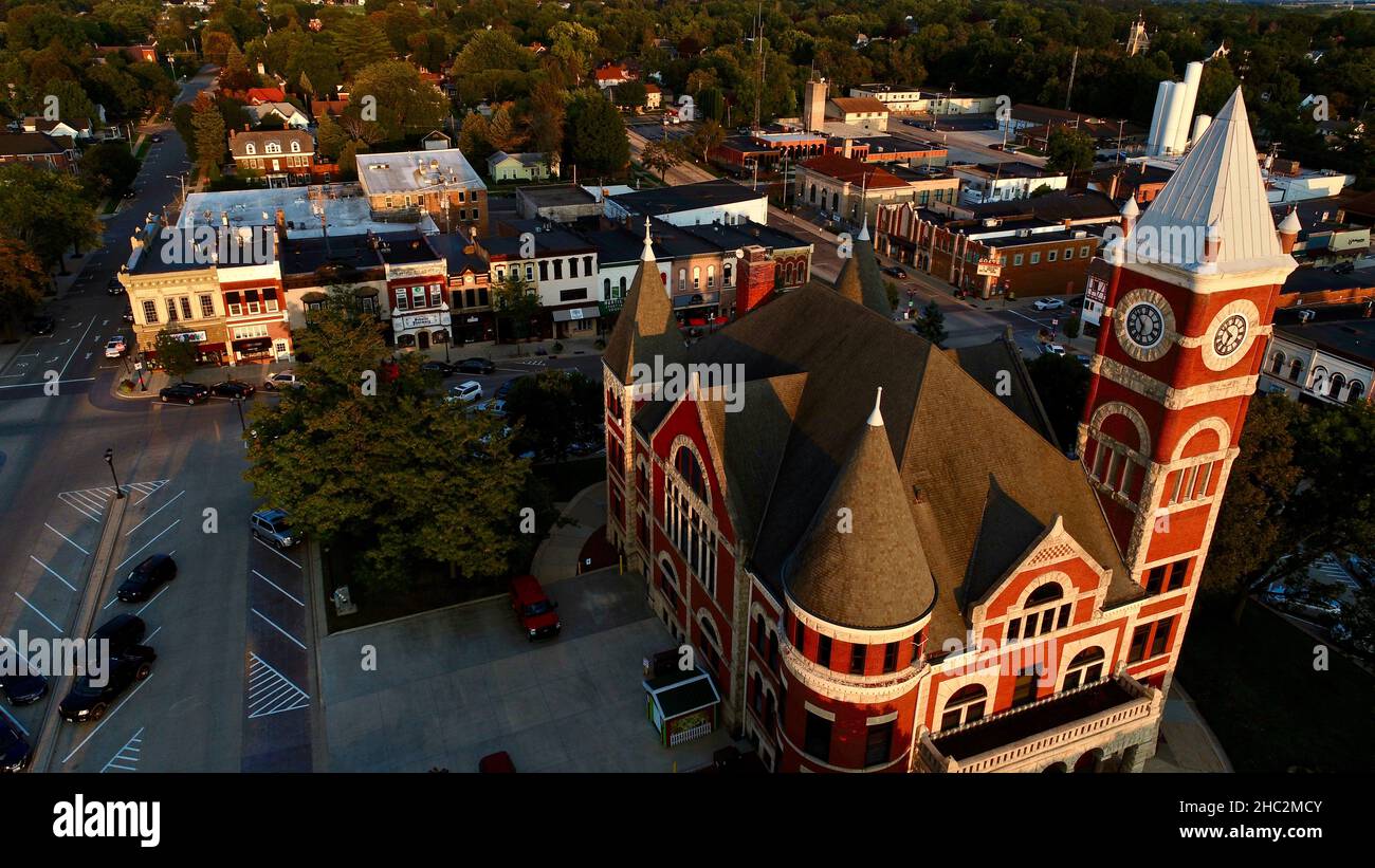 Aerial view at sunset of Historic 1844 Courthouse with clock tower in ...